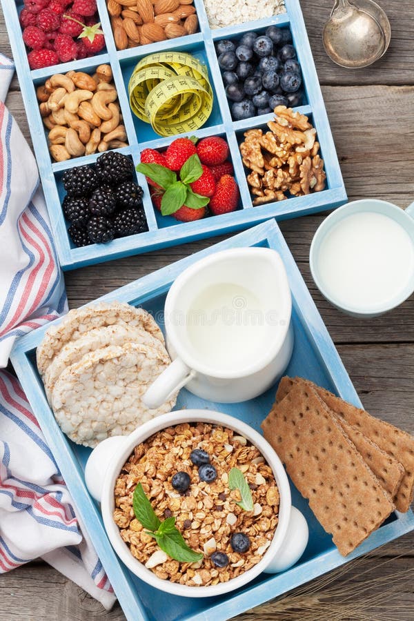 Healthy Breakfast Set with Muesli, Berries and Milk Stock Photo - Image ...