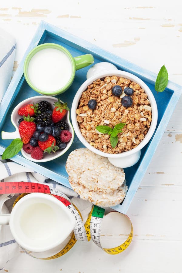 Healthy Breakfast Set with Muesli, Berries and Milk Stock Image - Image ...