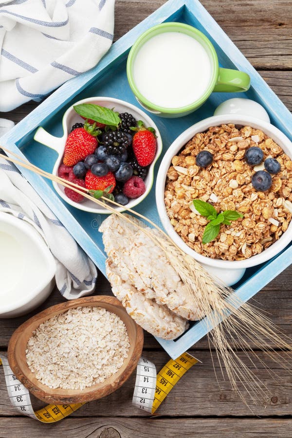 Healthy Breakfast Set with Muesli, Berries and Milk Stock Image - Image ...