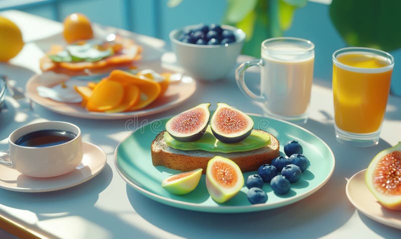 Healthy Breakfast Spread Featuring Toast with Figs, Blueberries, and ...