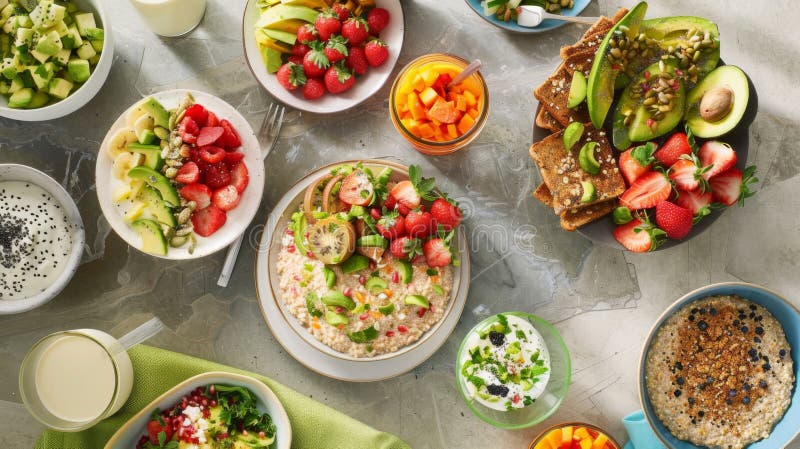 Healthy Breakfast Spread with Fresh Fruits and Grains Stock Photo ...