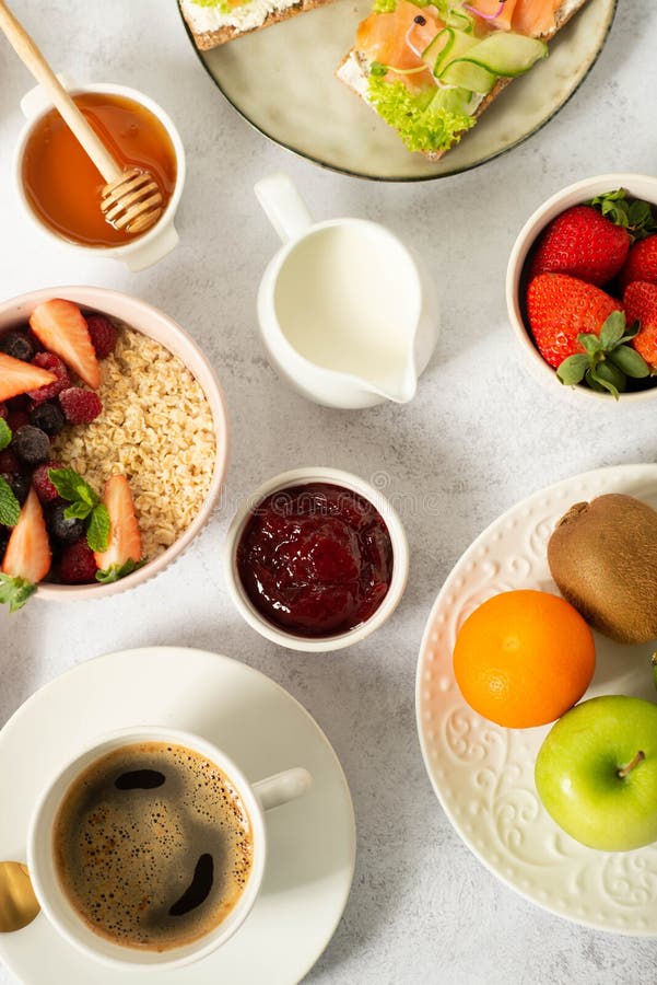Healthy Breakfast Set on Grey Background. the Concept of Delicious and ...
