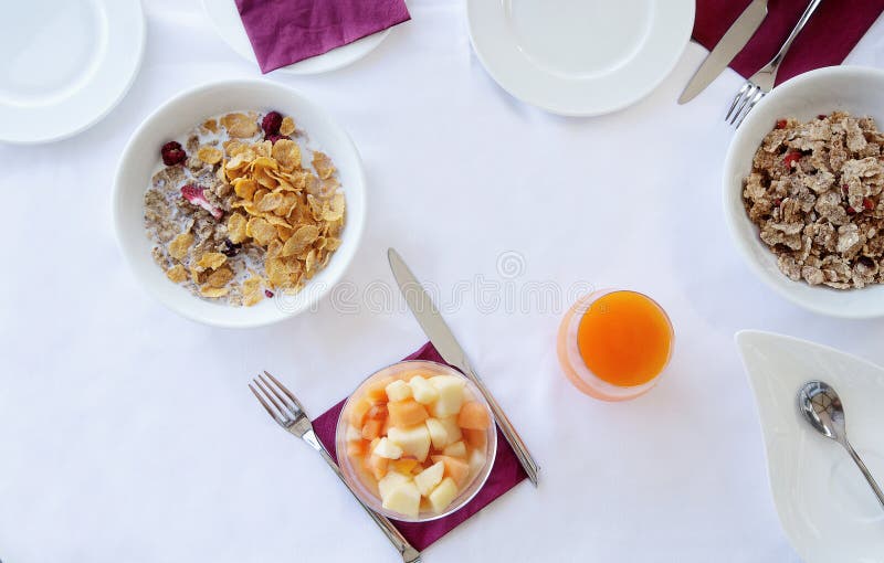 Healthy Breakfast on the White Table in the Restaurant. Top View Stock ...