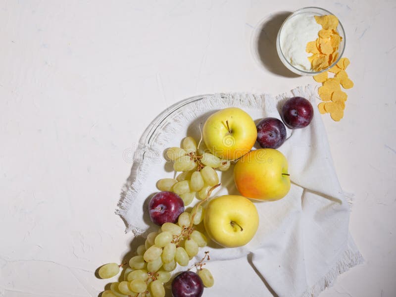 Healthy Breakfast with Yoghurt and Fruit on White Background Stock ...