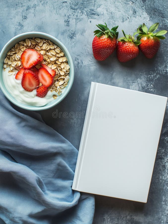 Healthy Breakfast with Yogurt Oats Strawberries and Book on Rustic ...