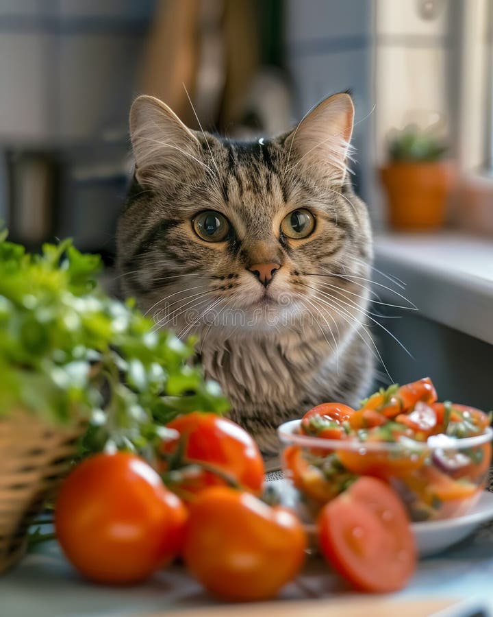 Healthy Cat Enjoying Balanced Meal with Fresh Vegetables and Tomatoes ...