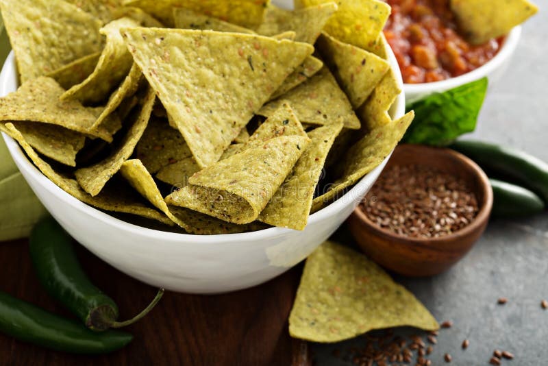 Healthy Corn Tortilla Chips with Spinach and Flax Seeds Stock Photo ...