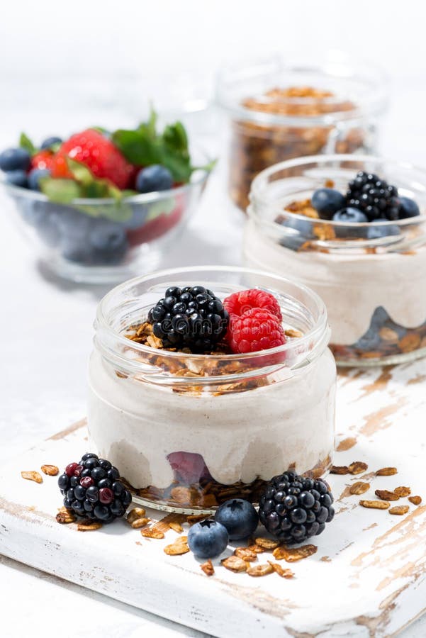 Healthy Creamy Dessert with Fresh Berries on White Cutting Board Stock ...