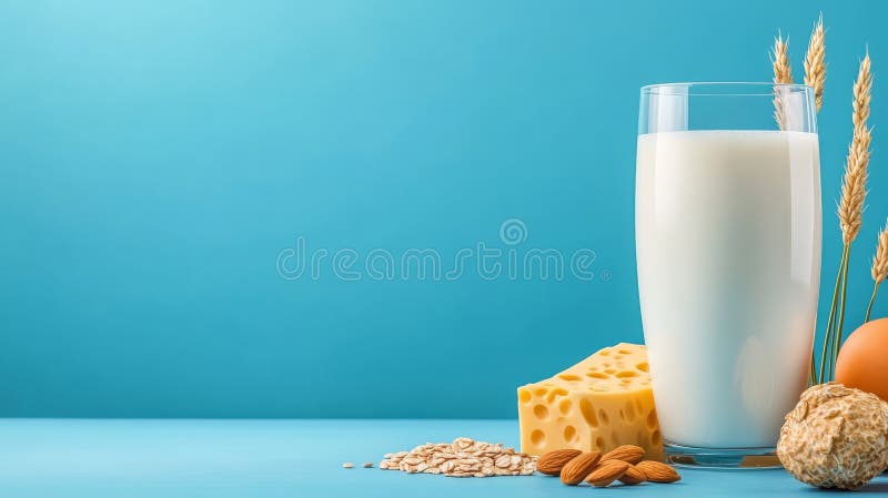 Healthy Dairy and Protein Foods on Blue Background Stock Illustration ...