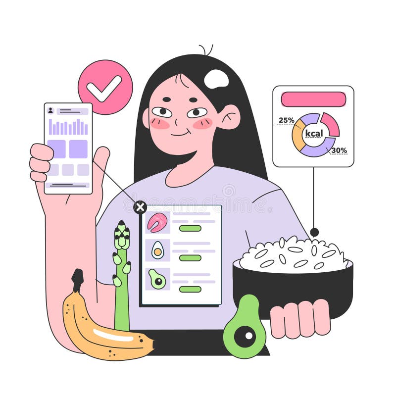 Healthy Diet and Calorie Tracker Application. Character Using Digital ...