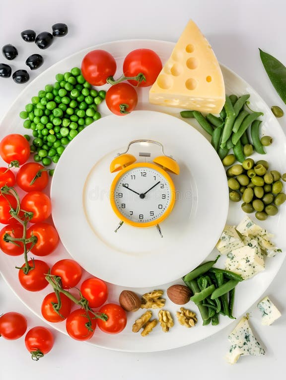 Healthy Diet Concept with Fresh Vegetables, Cheese, and Clock Stock ...