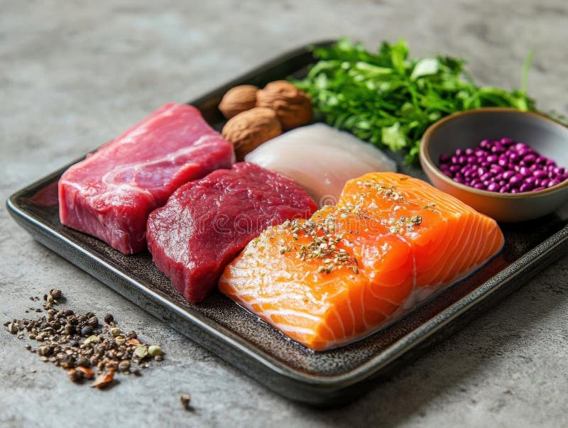 Healthy Diet, Protein-Packed Meal with Salmon, Beef, and Fish Stock ...