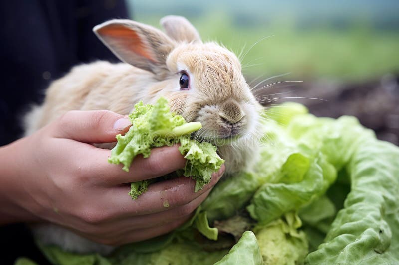 Healthy Diet for Rabbit: Hand Feeding with Lettuce Stock Illustration ...