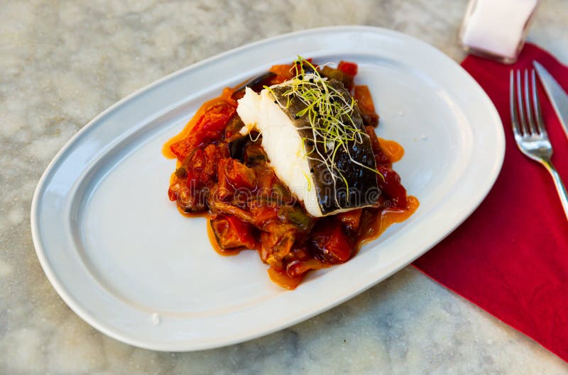 Cod Confit with Vegetable Ratatouille on Plate Stock Image - Image of ...