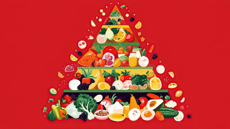 Healthy Eating Guide Pyramid Chart, Red Background Stock Photo - Image ...