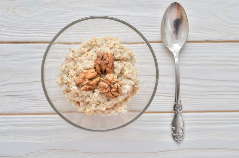 Healthy Eating Right. Oatmeal with Walnuts Stock Photo - Image of grain ...