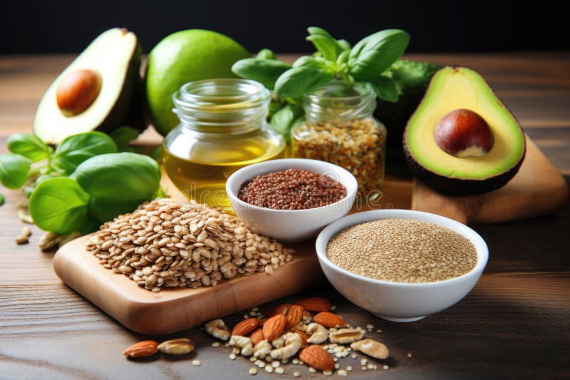 Healthy Fat Items Like Avocado and Seeds Stock Illustration ...