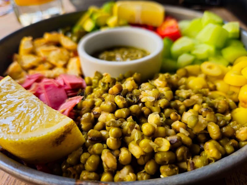 Healthy Food with Beans Meat and Pesto Stock Image - Image of nutrition ...