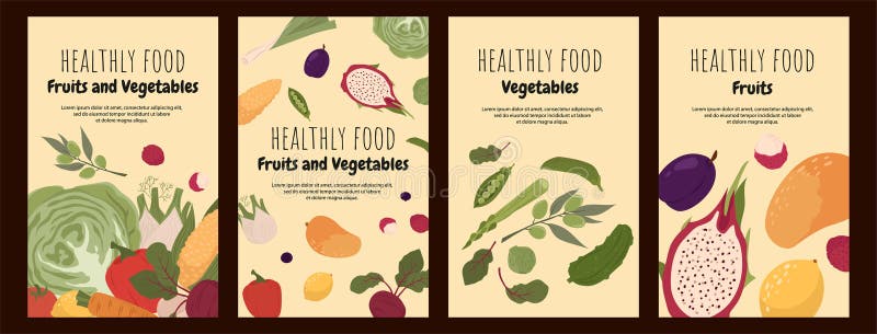 Healthy Food Cards in Flat Style Stock Illustration - Illustration of ...
