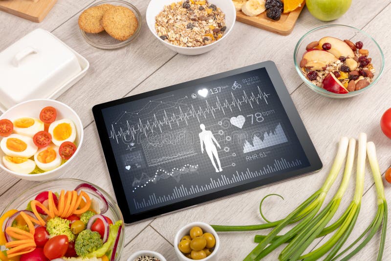 Healthy Food Composition with Tablet Stock Photo - Image of diagram ...