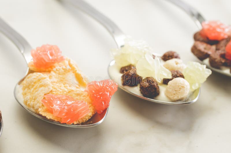 Healthy Food Concept. Yogurt, Flakes and Fruit in Spoons Stock Photo ...