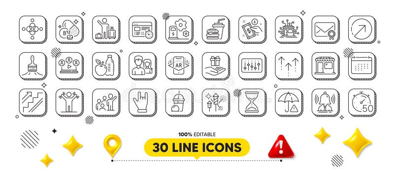 Healthy Food, Fireworks Rocket and Distribution Line Icons Pack. for ...
