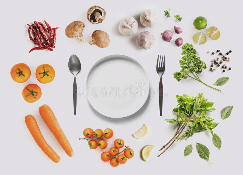 Healthy Food Ingredient, with Empty Dish, on White Background Stock ...