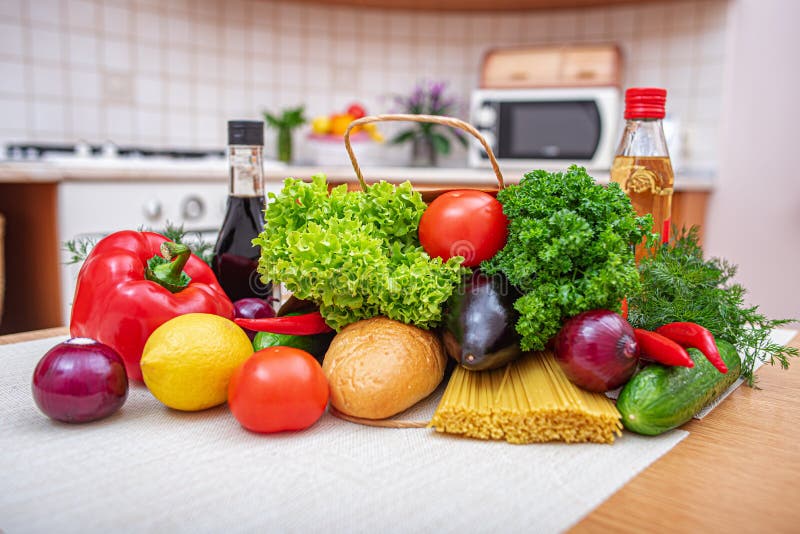 Healthy Food Products on the Table in the Kitchen. Stock Photo - Image ...