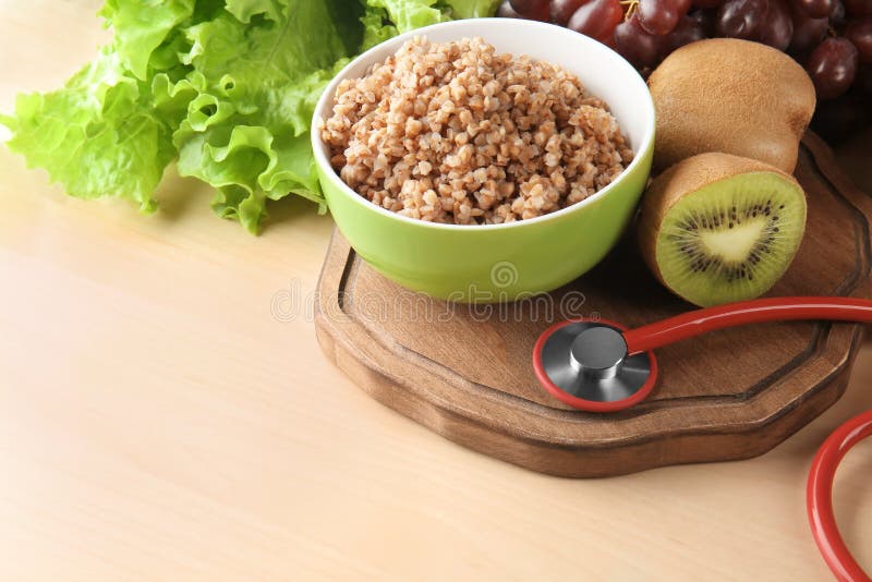 Healthy Food with Stethoscope on Wooden Table Stock Photo - Image of ...