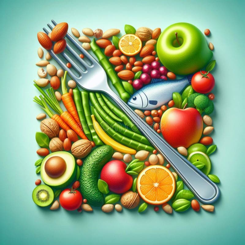 Healthy Food Symbol: Nutritious Elements Shaped As Dinner Fork Stock ...