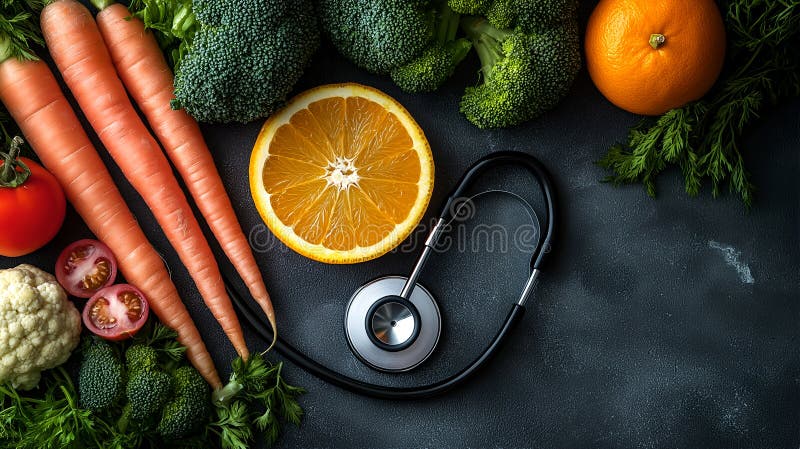 Healthy Food on a Table with Doctor S Stethoscope Stock Illustration ...