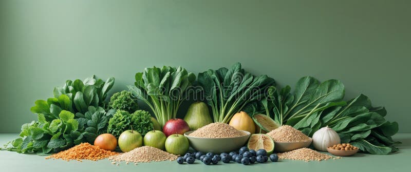 Healthy Foods Arranged on a Green Background Stock Photo - Image of ...