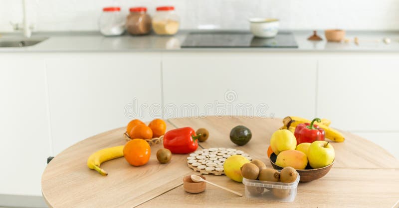 Healthy Foods are on the Table in the Kitchen Stock Image - Image of ...