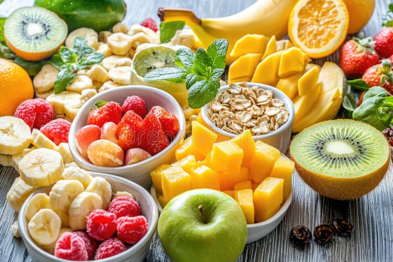 Healthy Fresh Fruit Variety with Oats Displayed on a Wooden Table Stock ...