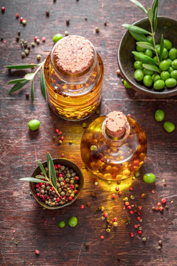 Healthy and Fresh Oil with Oil and Mix of Peppers Stock Photo - Image ...