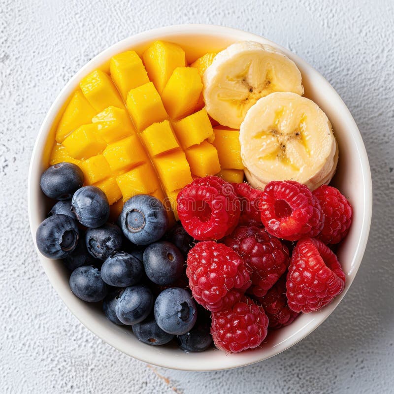 Healthy Fruit Salad Bowl with Mango, Banana, Blueberries, and ...