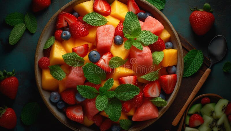 Healthy Fruit Salad with Mint and Berries Generated by AI Stock ...