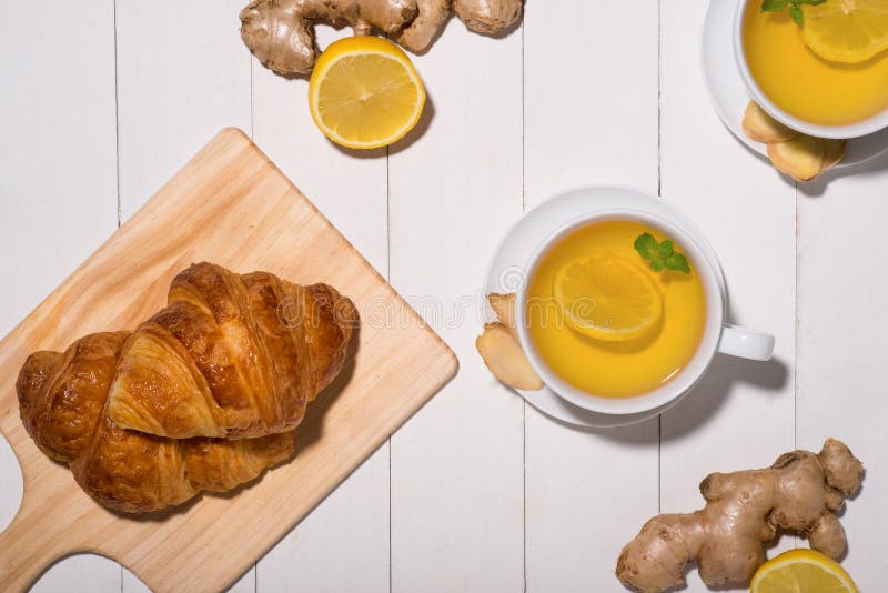 Healthy Ginger Tea with Morning Breakfast on a Wooden Table Stock Image ...