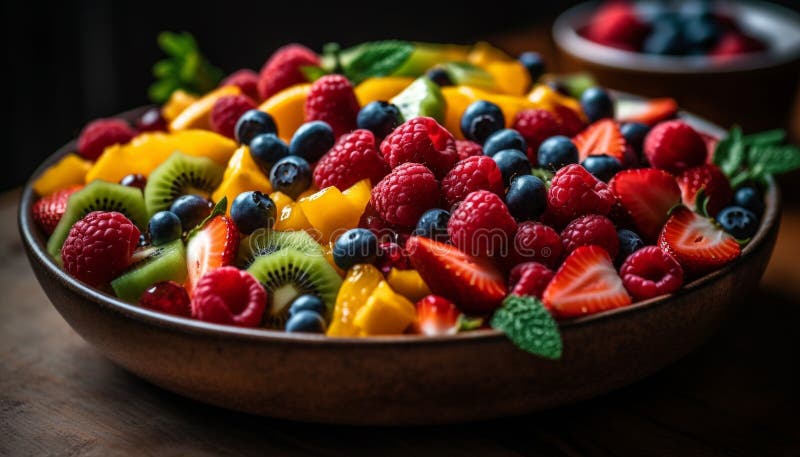 Healthy Gourmet Fruit Salad with Multi Colored Berries on Rustic ...