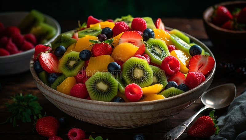 Healthy Gourmet Fruit Salad with Multi Colored Berries on Rustic Table ...