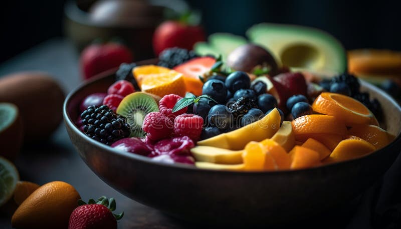 Healthy Gourmet Fruit Salad with Multi Colored Berries on Rustic Wood ...