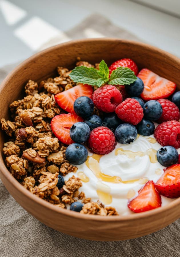 Healthy Granola Yogurt Bowl with Berries and Honey Stock Illustration ...