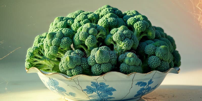 Healthy Green Broccoli in a Blue and White Ceramic Bowl Stock Image ...