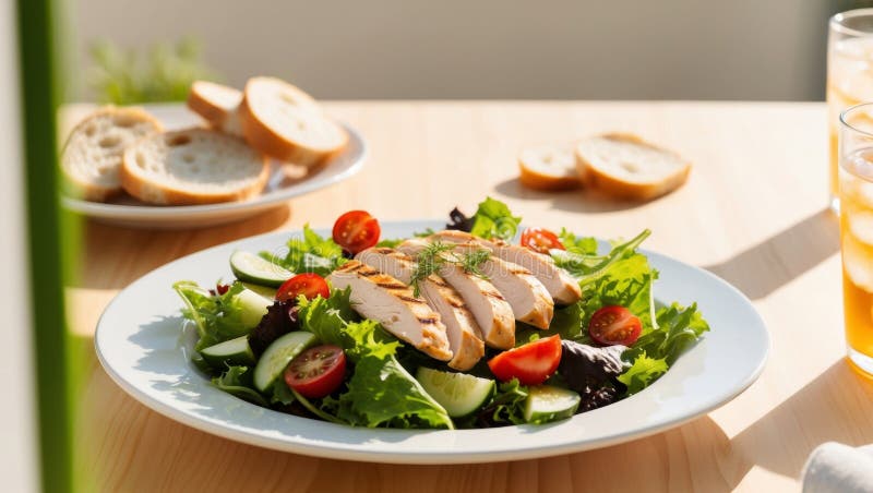 Healthy Grilled Chicken Salad on a Sunny Dining Table. Stock Photo ...