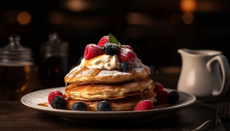 Healthy Homemade Berry Pancakes with Raspberry Syrup on Rustic Plate ...