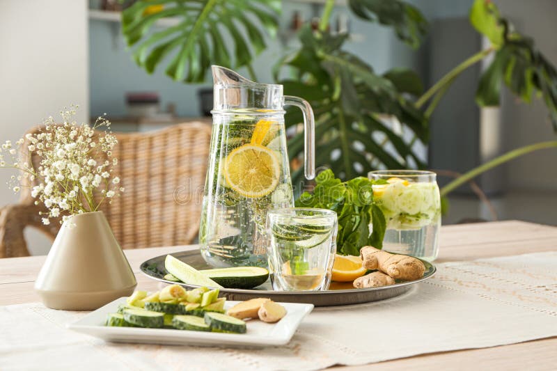 Healthy Infused Water with Ingredients on Table Stock Photo - Image of ...