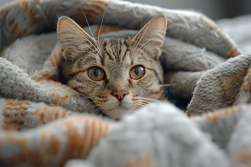Healthy Kitten Cuddles Up in the Blanket, High Quality, High Resolution ...