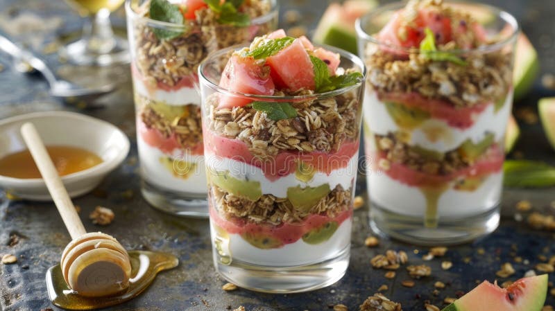 Healthy Layered Yogurt Parfaits with Fresh Watermelon and Granola Stock ...