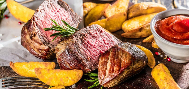 Healthy Lean Grilled Medium-rare Beef Steak and Vegetables with Roasted ...