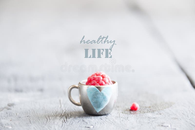 Healthy Life Text, Raspberry and Cup with a Heart Stock Image - Image ...